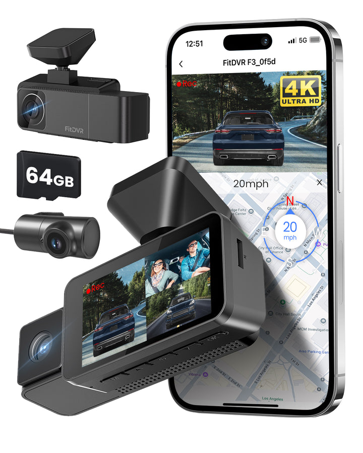 FitDVR 4K 3 Channel Dash Cam, 2160P+1080P+1080P Front and Rear Inside ...